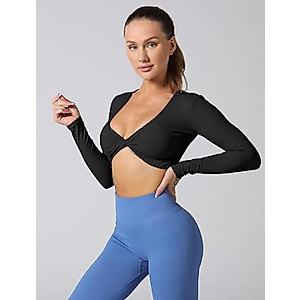 ABOCIW Workout Tops for Women Long Sleeve Sexy Twist Front Deep V Neck Athletic Athletic Crop Tops Padded Bra Basic Workout Shirts Fitness Yoga Gym Cropped Tank Tops Black Medium