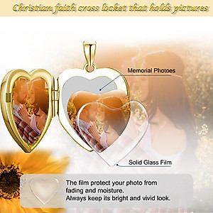 SOULMEET 10k 14k 18k Solid Yellow Gold Christians Cross Heart Locket Necklace That Holds 2 Pictures Personalized Letters Engraved Custom Image Locket Gift for Her (Custom photo & text)