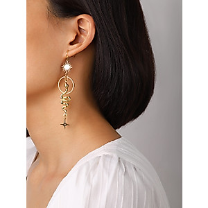 Sacina Gothic Sun Star Snake Earrings, Gold-Plated- Brass Snake Sun Star Pendant, Celestial Earrings, Goth Halloween Christmas New Year Jewelry Gift for Women