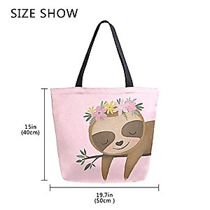 ALAZA Large Canvas Tote Bag Cute Sloth Flower Pink Shopping Shoulder Handbag with Small Zippered Pocket