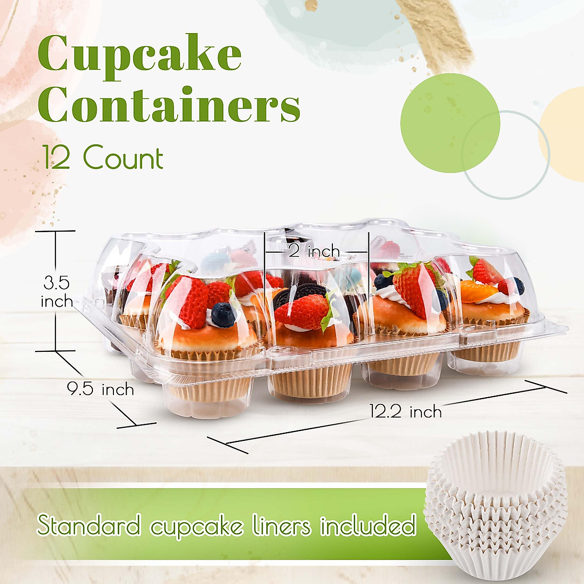 NPLUX 12 Count Cupcake Containers 12 Pack Cupcake Holders Plastic Stackable Cupcake Boxes with Detachable Tall Dome Lids and 144 Liners for 144 Cupcakes, BPA Free, Standard Size