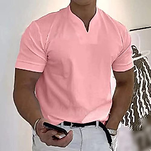 Men's V Neck Workout Gym T-Shirts Short Sleeve Training Bodybuilding Shirts Lightweight Slim Fit Muscle Tee Top (Pink,3X-Large)