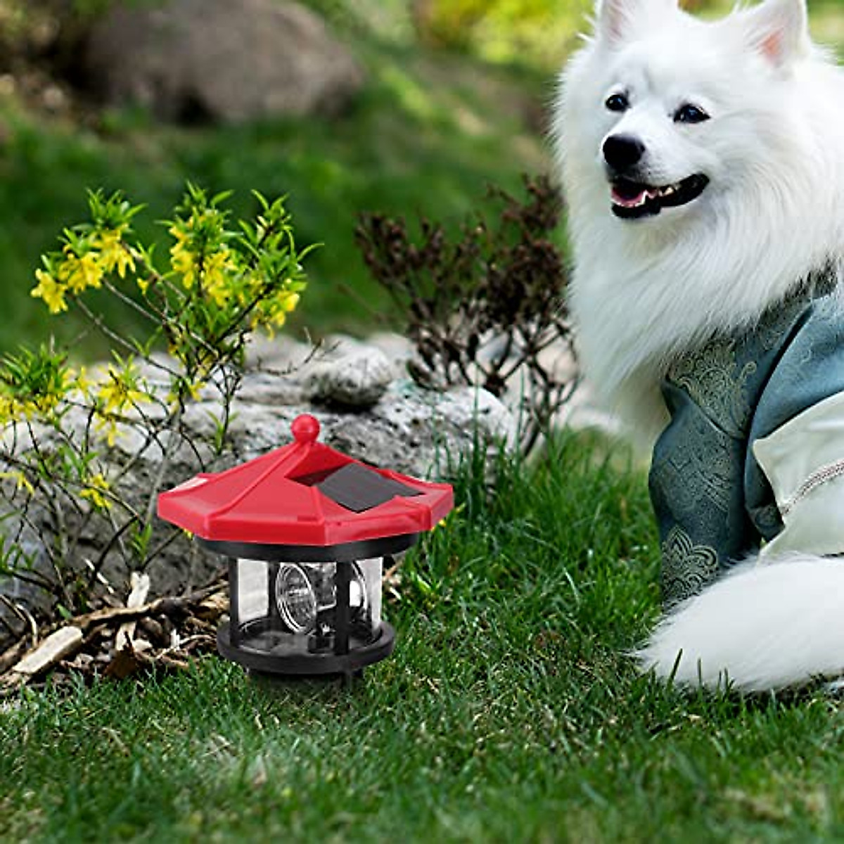 Happyyami Outdoor Spotlight LED Solar Powered Lighthouse 360 Degree Rotating Lamp Statue Rotating Lights Beacon Tower Hanging for Garden Outdoor Decor Red Fence Decor