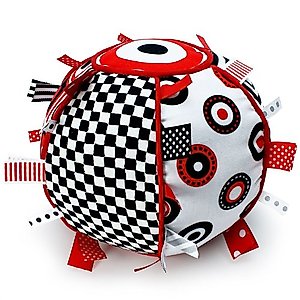 Genius Baby Toys Tag Ball for Babies - Soft Interactive Sensory Development Ball with Bell Chime in High Contrast Colors - 7" Diameter - Soft Taggies for Baby to Grasp
