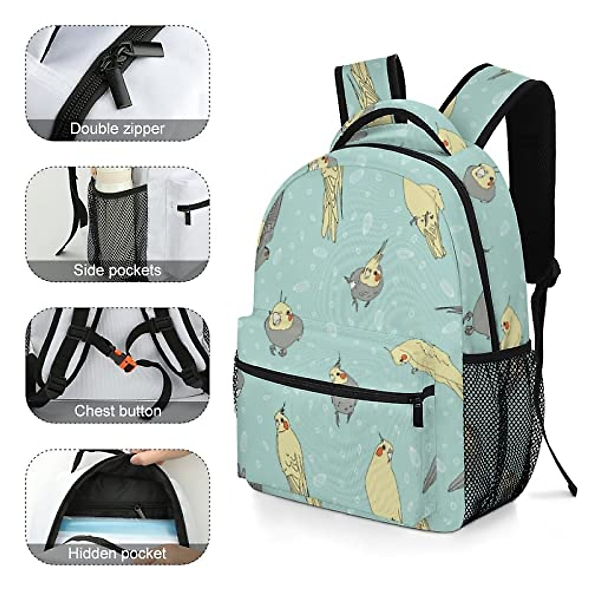 Cute Cockatiel Pattern Backpack Bookbag Cute Funny Printed Graphic for Book Study Travel