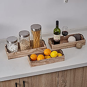 3pcs Burnt Narrow Wooden Serving Trays(13.8"/15.2"/16.5") with Decorative Antique Metal Handles - Sink Vanity Trays/Farmhouse Decor Rectangular Tray for Coffee Table/Bed Food,Breakfast,Dessert,Tea