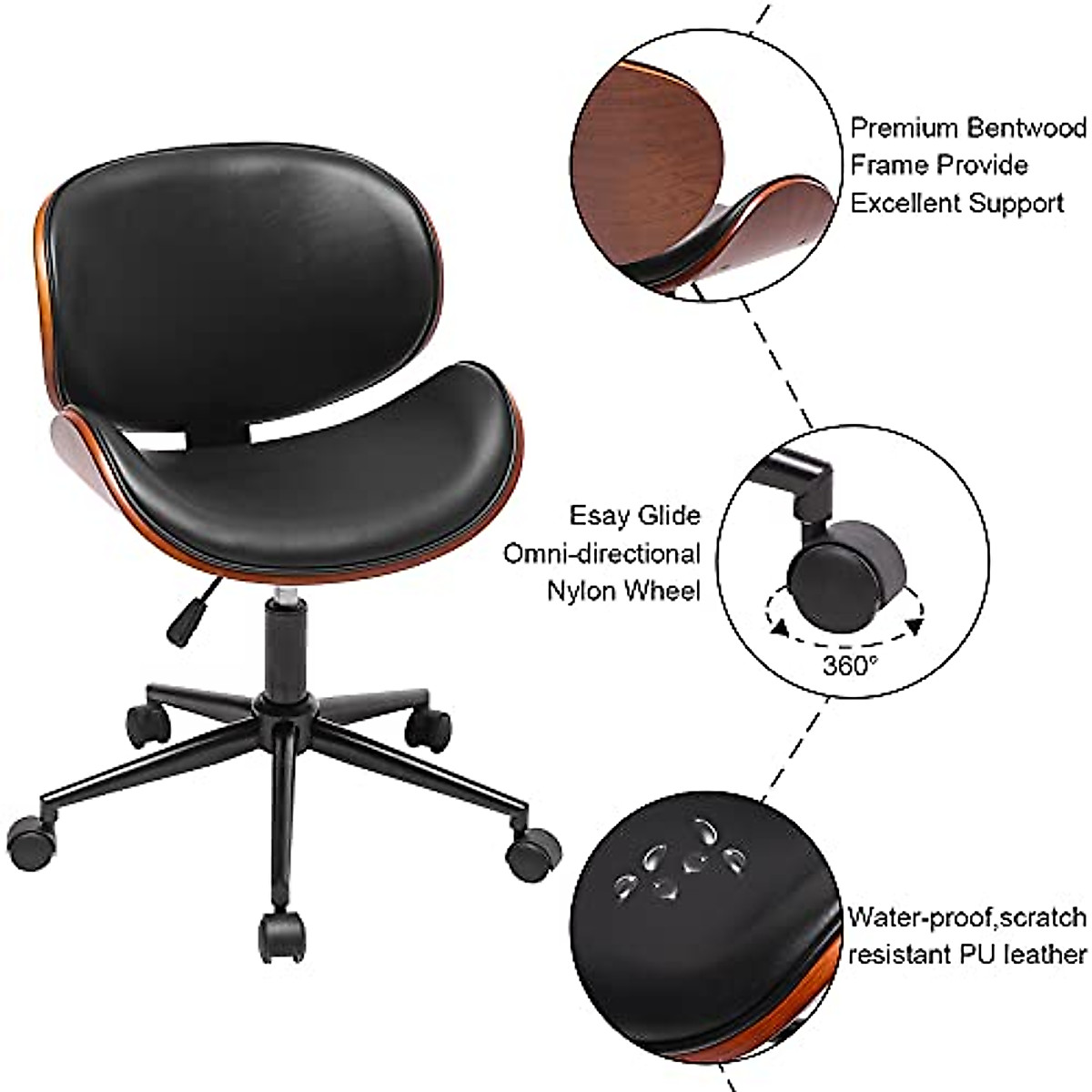 JOYBASE Home Office Desk Chair, Bentwood and Leather Swivel Chair, Adjustable Heigh, Brown