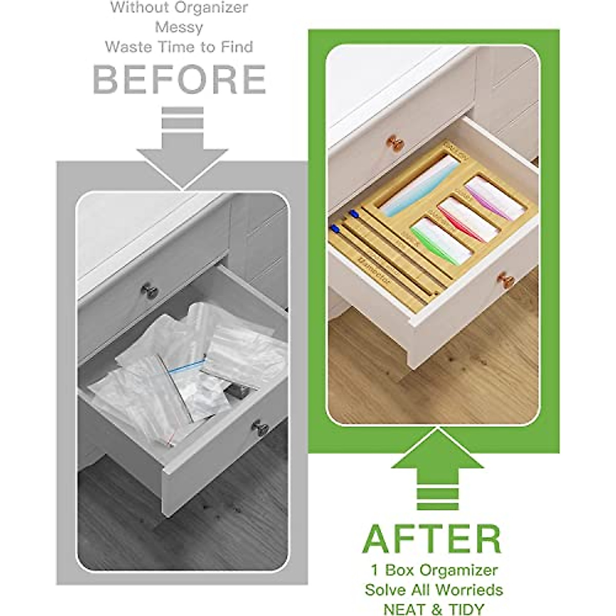 Uamector Bag Storage Organizer for Kitchen Drawer, 100% Natural Bamboo 6 in 1 Bamboo Foil and Plastic Wrap with Cutter, Storage Bag Organizers