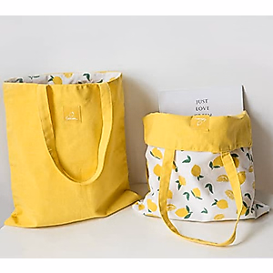 ELYEEBLEE Double-Sided Canvas Tote Bags, Reusable Grocery Shopping Bags for Women Girls Kids, Pack of 3 (Orange,Yellow, Green)