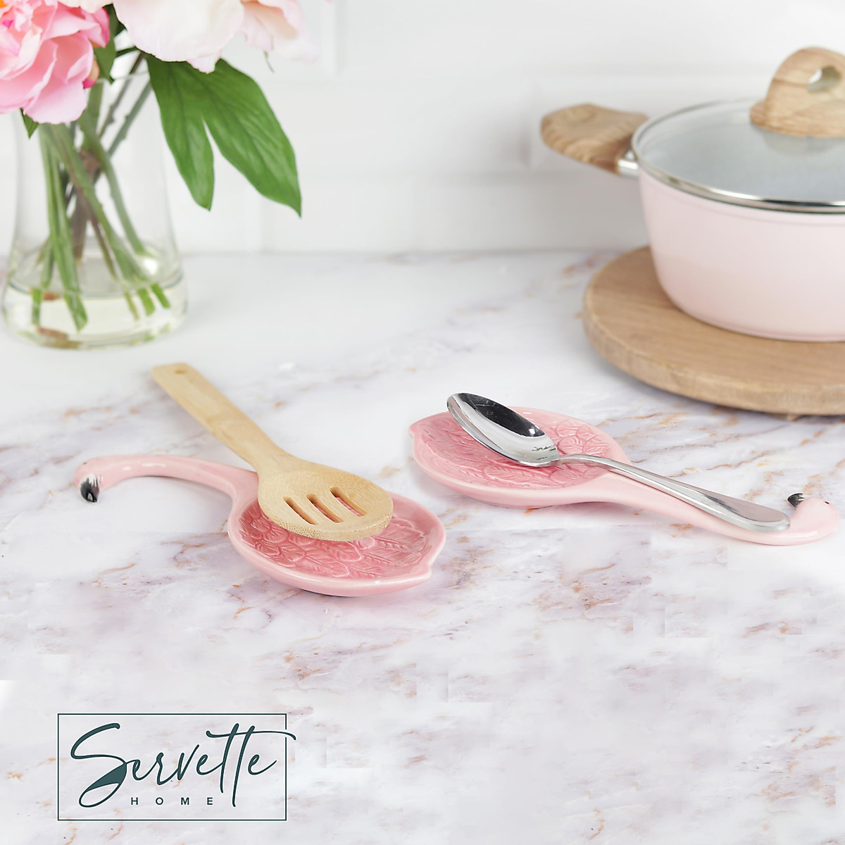 Pink Flamingo Spoon Rests for Kitchen - Set of 2