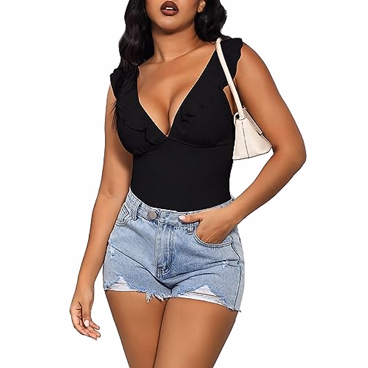 Donnalla Women’s Sexy Deep V Neck Ruffle Sleeveless Backless Double Lined Thong Tank Bodysuits Tops