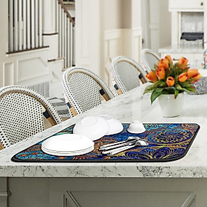 GIPOUTY Dish Drying Mat for Kitchen Counter, Golden Blue Mandala Bohemian Absorbent Microfiber Dish Draining Mat Extra Large 24×18in Protector Pad Heat-resistant