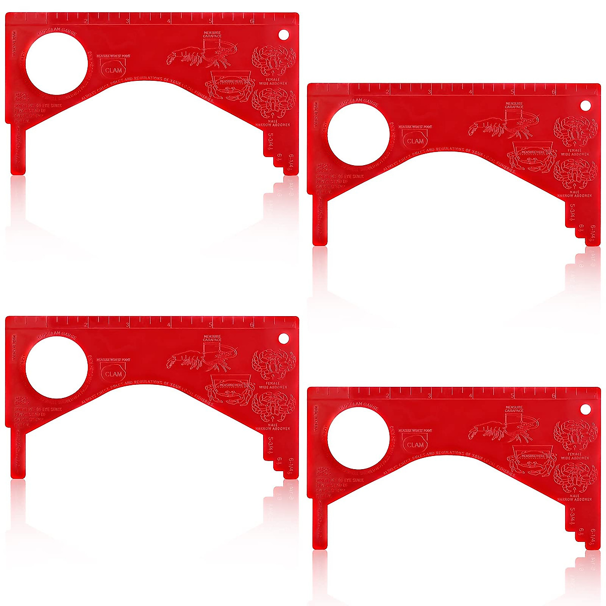 Kathfly 4 Pcs Dungeness Crab Gauge Measure Clam Measuring Tool for Multi Shrimps Lobster Shellfish, Red