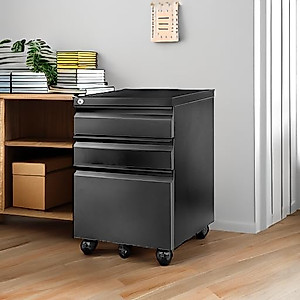 FLEXISPOT 3 Drawer File Cabinet for Home Office,Metal Mobile Filing Cabinet Under Desk Storage with Lock Keys,File Organizer Cabinet for Legal/Letter/A4 File,Fully Assembled Except Wheels,Black