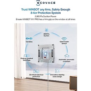 ECOVACS Winbot W1 Pro Window Cleaning Robot, Intelligent Cleaning with Dual Cross Water Spray Technology, Win SLAM 3.0 Path Planning, 2800Pa Suction Power, Edge Detection Technology, App Control,Grey