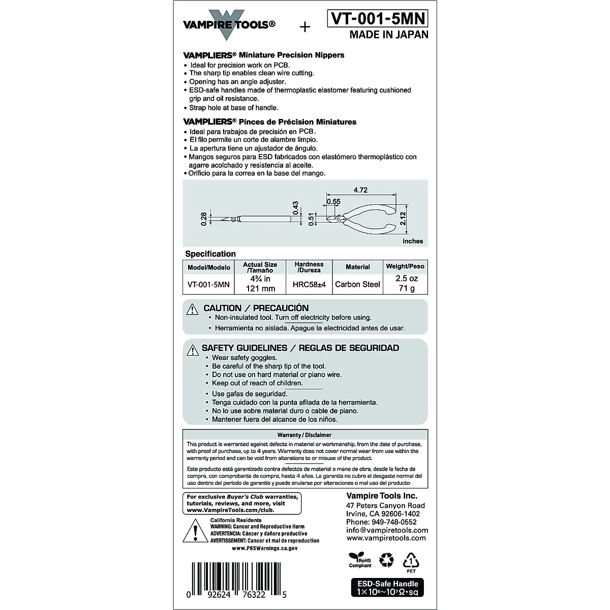 VAMPLIERS 4.75" Mini Precision Carbon Steel Nippers, ESD Safe Wire Flush Cutters. Suitable for Circuit Board Work. Made in Japan: VT-001-5MN