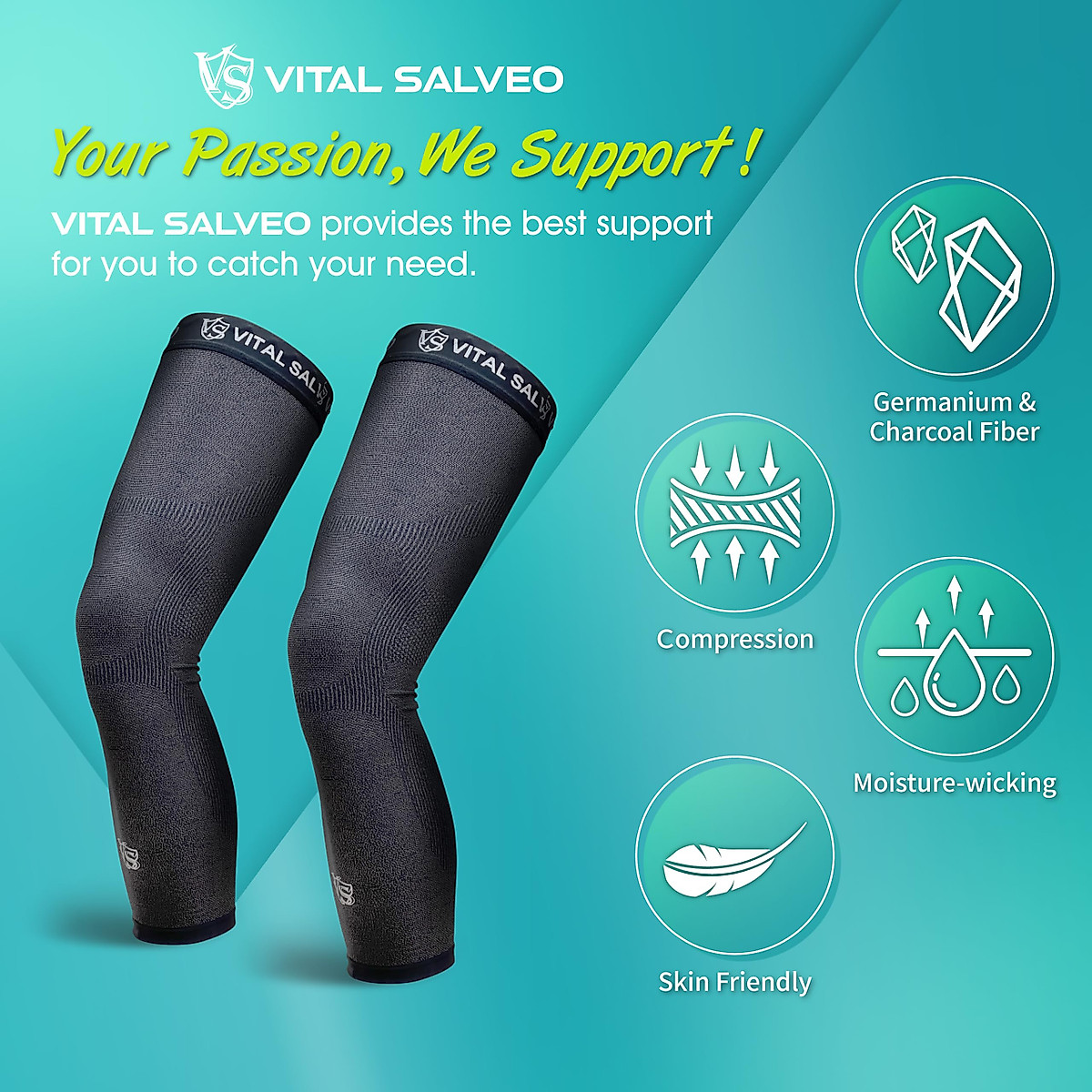 Vital Salveo Recovery Compression Sports Full Leg Sleeve Thigh Calf Long Knee Support Basketball Dark Grey (1 Pair) Medium