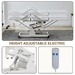 Paddie Electric Height Adjustable Tattoo Spa Bed Chair, Electric Lift Massage Table 3-Section Folding with Storage Pocket for Client/Esthetician/Artist, White