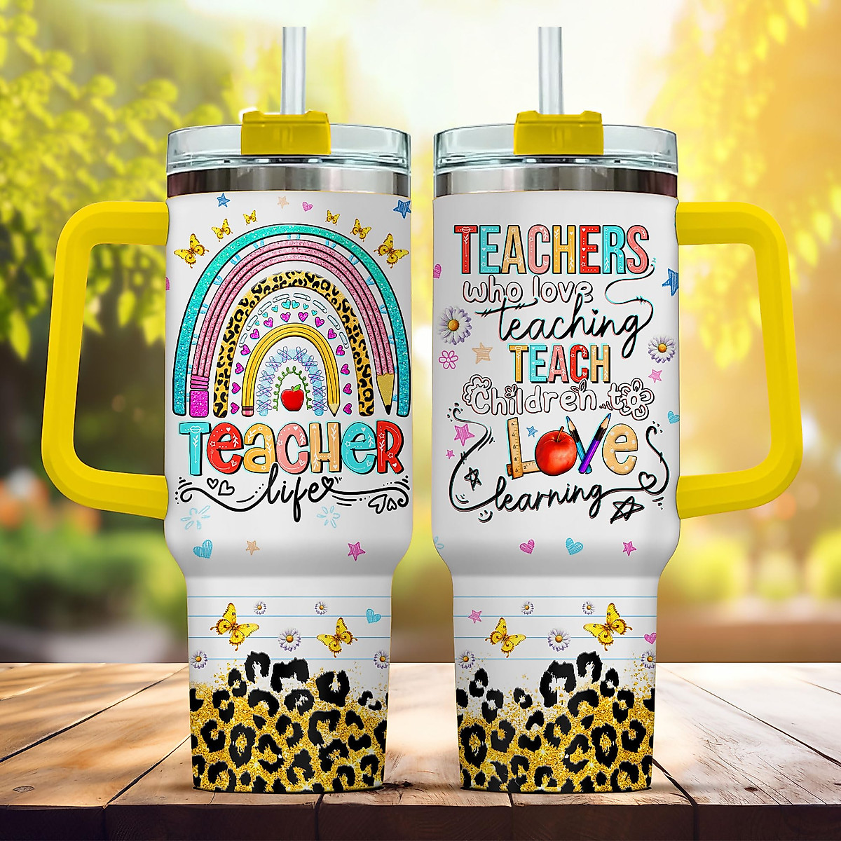 99WHALE Pack Butterfly Teachers Black Handle Funny For Women Coffee Straws Cups Music Pencil Daisy, Teacher Gifts, Tumbler 40 Oz With Handle Lid And Straw, Teacher Rainbow Color Leopard