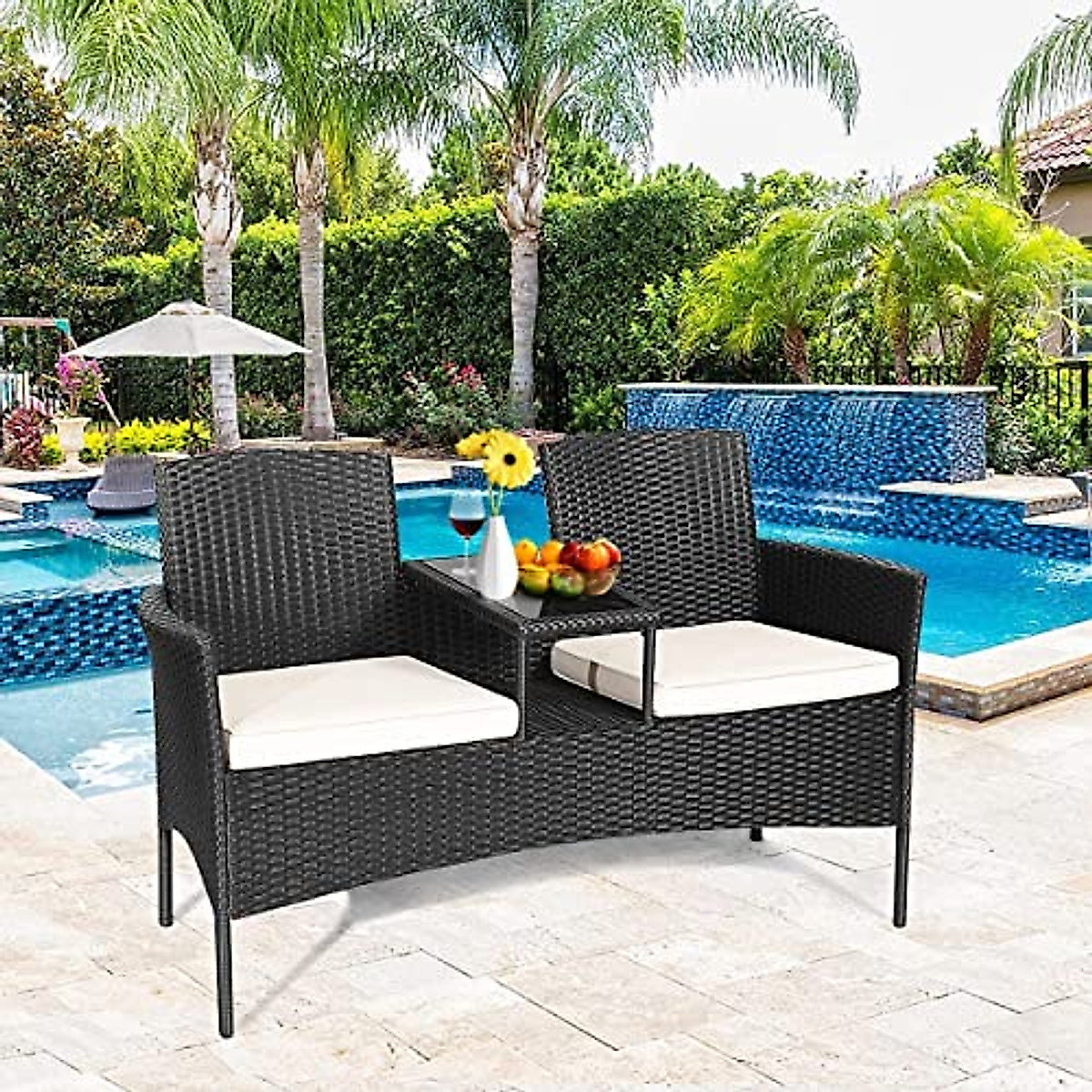 HAPPYGRILL Patio Rattan Loveseat Outdoor Porch Furniture PE Wicker Loveseat with Coffee Table Conversation Sofa with Cushions for Garden Lawn Backyard Poolside