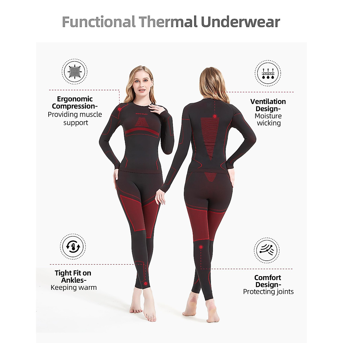 NOOYME Thermal Underwear for Women Long Johns for Women, Base Layer Women Black-red