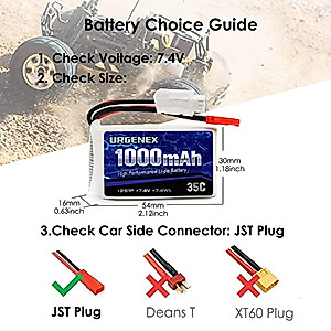 URGENEX 7.4V Lipo Battery 1000mAh 2S Li-Po Battery 35C with JST Plug RC Batteries Fit for WLtoys Rc Cars A949 A959 A969 A979 K929 and Most 1/10, 1/16, 1/18, 1/24 Scale RC Cars Remote Control Cars