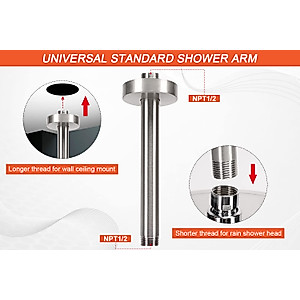 HarJue Ceiling Mounted Shower Arm, Rain Shower Head Extension Arm with Flange and Teflon Tape Stainless Steel Ceiling Mount Shower Extender for Fixed Shower Head (6 Inch, Brushed Nickel)