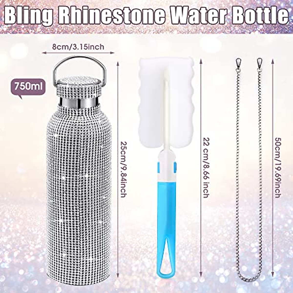 4 Pieces 25 oz Bling Cup Diamond Water Bottle Rhinestone Stainless Water Bottles Insulated Bling Tumbler Diamond Glitter Cup with Chain Brush for Women Travel Wedding Party Favor Gifts
