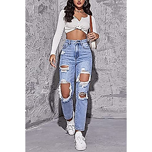 LINUMIN Women's High Waist Straight Leg Ripped Jeans Distressed Denim Pants (Blue, XL)