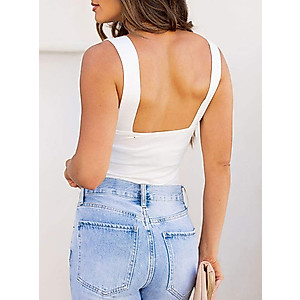 REORIA Womens Sexy Club Square Neck Sleeveless Tank Tops Bodysuits Stretchy Leotard Clubwear White Medium