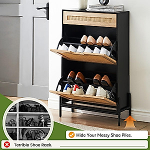 IDEALHOUSE Natural Rattan 2 Flip Door with 1 Drawer Shoe Cabinet Organizer Freestanding, Shoe Rack Storage Cabinet for Entryway with 3-Tier Adjustable Shelves for Slippers, Sneakers, Heels, Boots