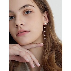 DAILY VIBES 14K Gold Freshwater Pearl Drop Earrings Dangle Dainty Long White Cultured Baroque Pearl Earrings for Women Statement Stud Ball Chain Tassel Jewelry for Bridal Wedding