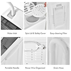 COSTWAY Portable Washing Machine, 2-in-1 Twin Tub 26lbs Capacity Washer(18lbs) and Spinner(8lbs) with Control Knobs, Timer Function, Drain Pump, Compact Laundry washer for Home Apartment RV, Grey