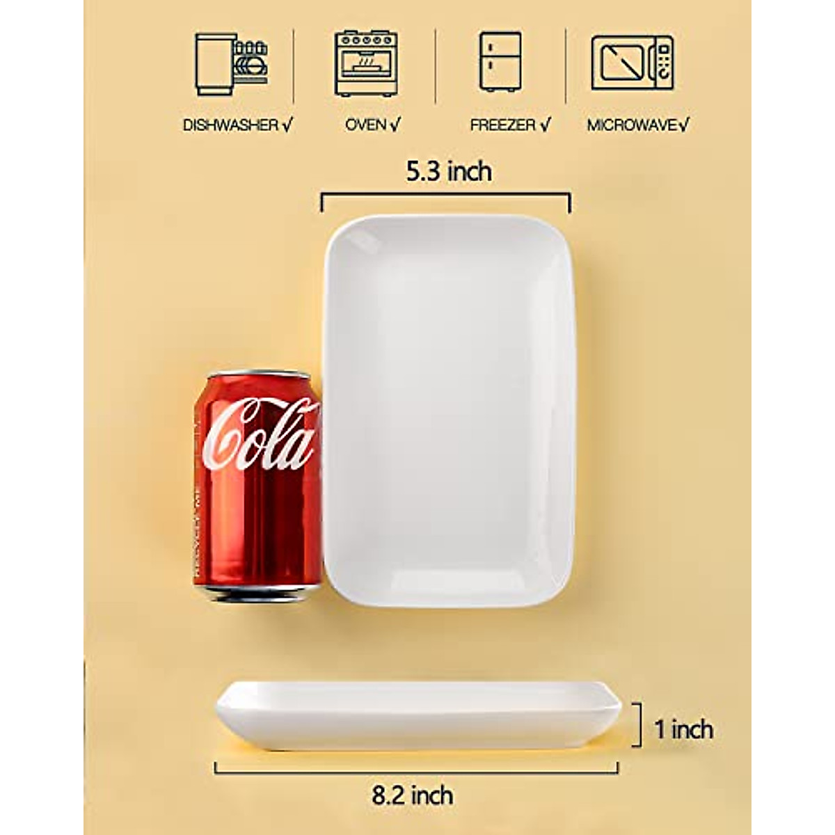 DELLING 8 Inch Rectangular Salad Plates/Appetizer Plates Set, Porcelain Dessert Plates, Small Serving Plates for Salad, Appetizer and More - Microwave, Oven, and Dishwasher Safe - Set of 6, White