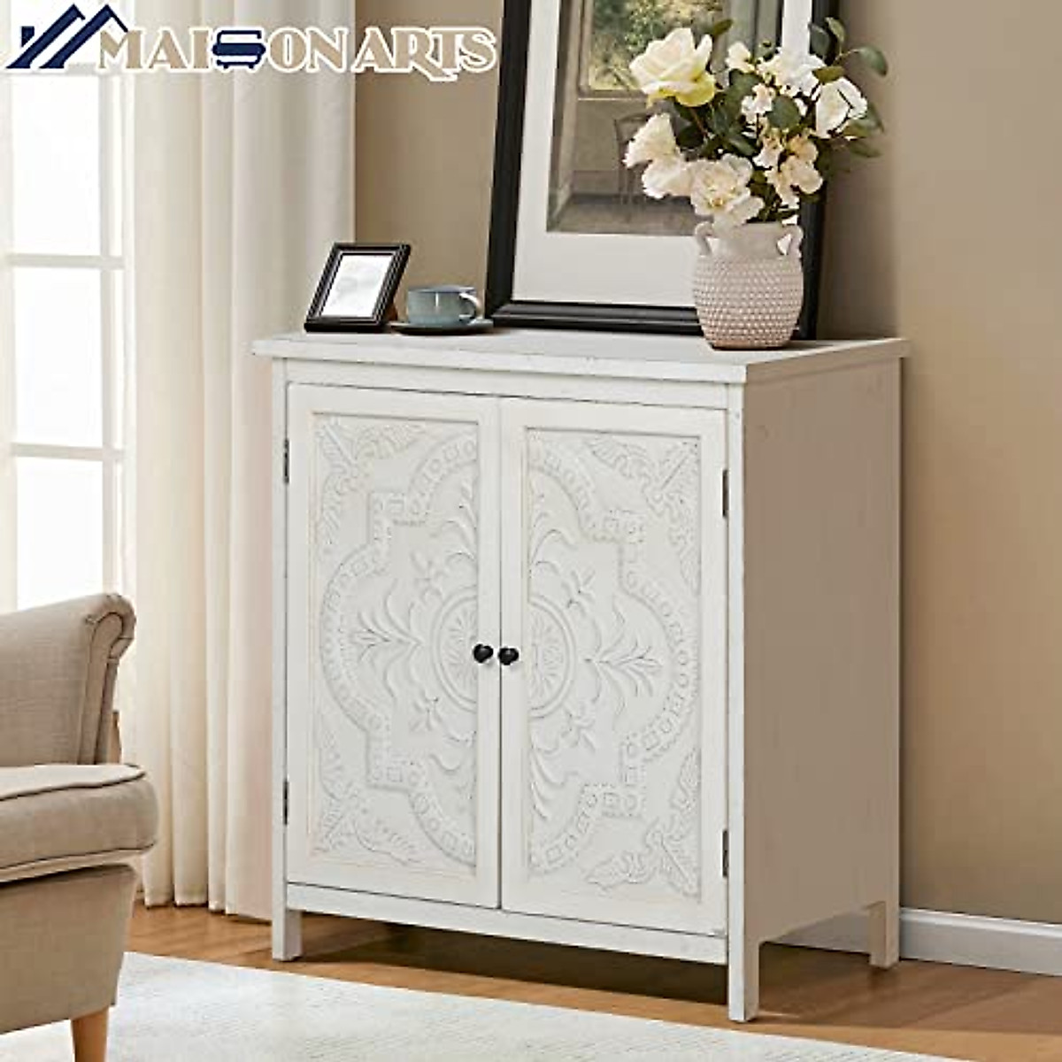 MAISON ARTS White Accent Cabinet with 2 Doors Sideboard Buffet Storage Cabinet Decorative Distressed Cabinet with Carved Pattern Doors for Bedroom Living Room Kitchen Farmhouse, White Embossed Flower