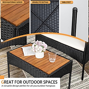 Shintenchi 4-Piece Patio Furniture Set, Outdoor Wicker Patio Conversation Furniture Set with Cushions and Wooden Tabletop for Paito Lawn Backyard Pool Garden, White Cushion