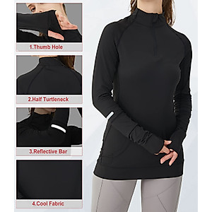 Quarter Zip Pullover Women Athletic Long Sleeve Golf Shirts Workout Shirt Fitted Long Sleeve Thumb Hole Active Wear Tops Black M
