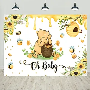 Bear Baby Shower Backdrop Oh Baby Bee Honey Pot Baby Shower Background Decorations Kids Bear Party Photoshoot Props Supplies 7x5ft