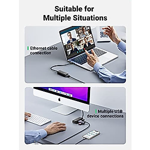 UGREEN USB 3.0 Hub Ethernet Adapter 10 100 1000 Gigabit Network Converter with 3 USB 3.0 Ports Hub Compatible with Laptop PC Nintendo Switch MacBook Mac Mini Surface XPS Windows Linux macOS, and More