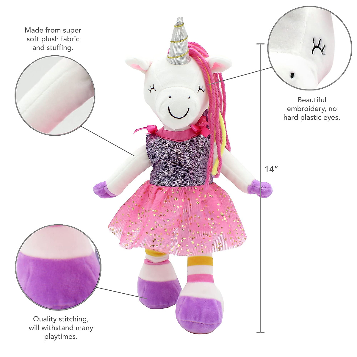 Playtime by Eimmie Plushible Plush Rag Dolls for Girls - Unicorn Baby Doll Stuffed Animals - Toys for Toddlers 4-6 Years Old - Soft Fabric Body - Unicorn for Girls - 14 Inch