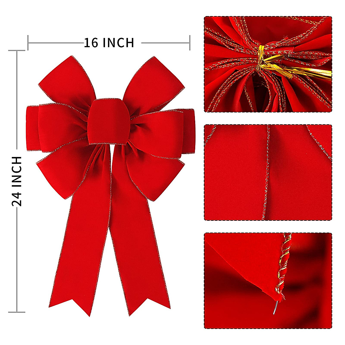 SIMISI RIBBON 2 Packs Red Bows Christmas Decorations Giant Wired Velvet Bow with Gold Border for Wreaths Outdoor, Tree Topper, Outside (16 * 24 inch)