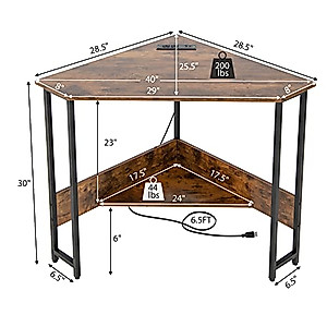 Tangkula Corner Desk with Power Outlet & USB Ports, Triangle Computer Desk with Charging Station, Storage Shelf, Space Saving Writing Desk, Vanity Table, Corner Desk for Small Space (Rustic Brown)