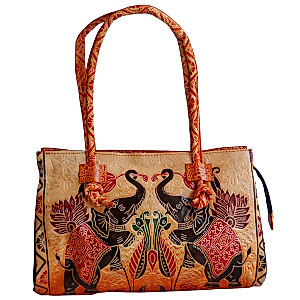 Twin Royal Elephants ethnic traditional 100% Genuine Pure Shantiniketan Leather Shoulder Bag Medium