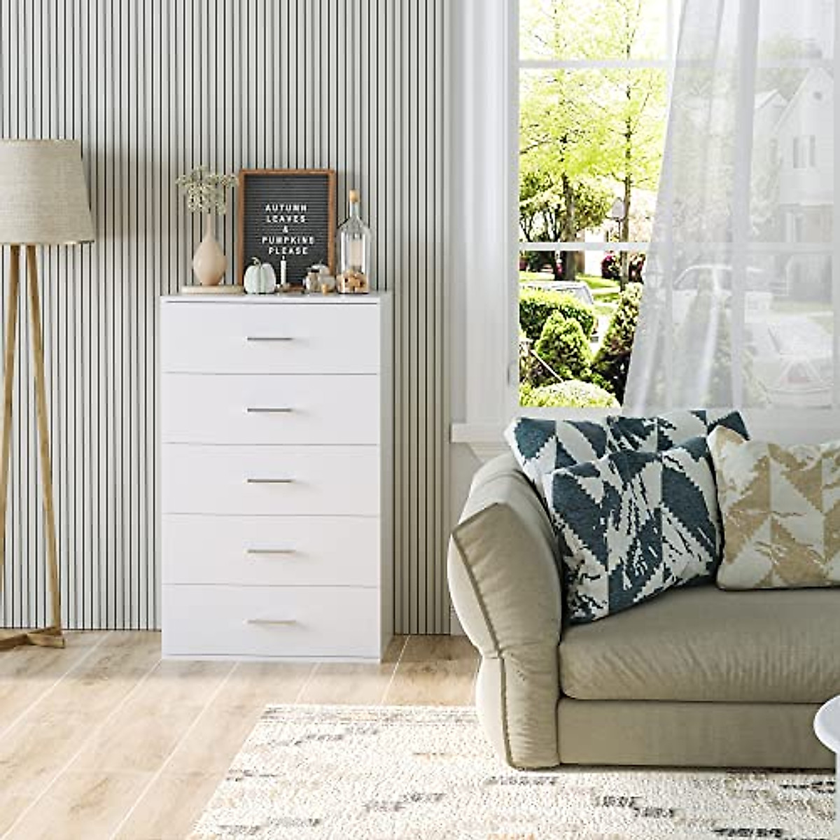 TTVIEW 5 Drawer Dresser Chest, Freestanding Dresser Storage Tower with Metal Handles, White Storage Cabinet for Living Room, Kitchen, Entryway, Closet