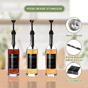 MSTCMZP 25.4 oz 750 ml Coffee Syrup Dispenser Set - 4 Black Dispensers With Pump & Labels - Glass Bottle Included - Coffee Bar Accessories