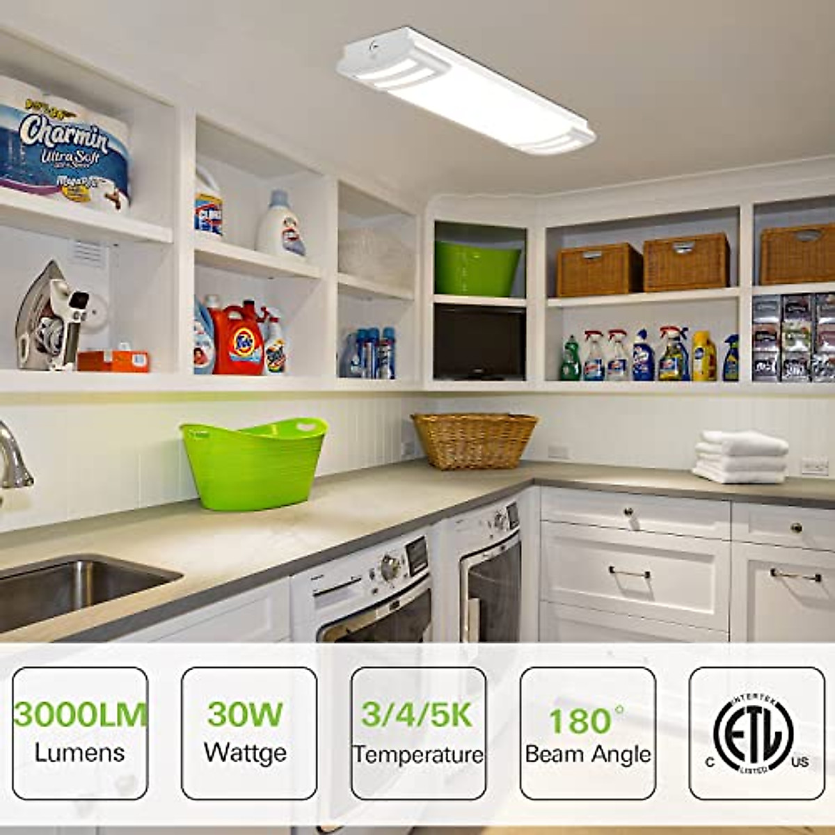 hykolity 2FT 3 CCT LED Flush Mount Puff Lights 30W, 3000lm, 3000K/4000K/5000K Selectable, 2 Foot Kitchen Ceiling Lights for Kitchen, Utility Room, Laundry, Fluorescent Replacement, 120-277V, ETL