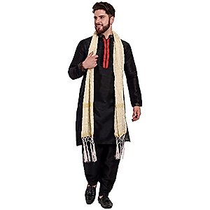 SKAVIJ Men's Art Silk Kurta Pajama and Scarf Ethnic Wedding Suit Party Dress Set (Small, Black)