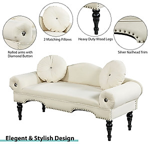 GNIXUU 54 ” Velvet Small Loveseat Sofa, Mid Century Modern Love Seat Couch Settee Tufted 2 Seater Couches Bedside Entryway Bench with 2 Pillows Nailhead Trim for Bedroom, Living Room(Beige)