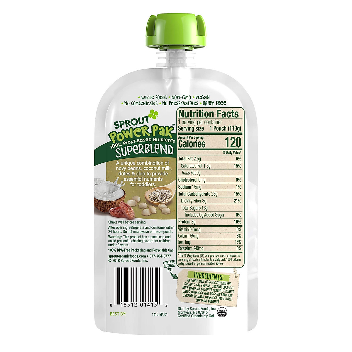 Sprout Organic Baby Food, Stage 4 Toddler Pouches, Kiwi Banana & Spinach Power Pak, 4 Oz Purees (Pack of 6)