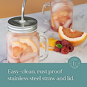 brimley 16oz Glass Mason Jar with Lid and Straw Set of 4 - Mason Jars with Handle for Cold Drinks - Glass Mason Jars with Metal Mason Jar Lids with Straw Hole and Stainless Steel Straws